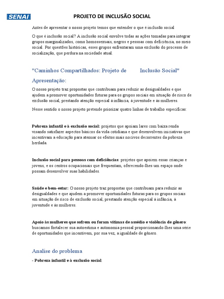 Projeto de Inclusão Social | PDF | Ciências Sociais | Bem-estar