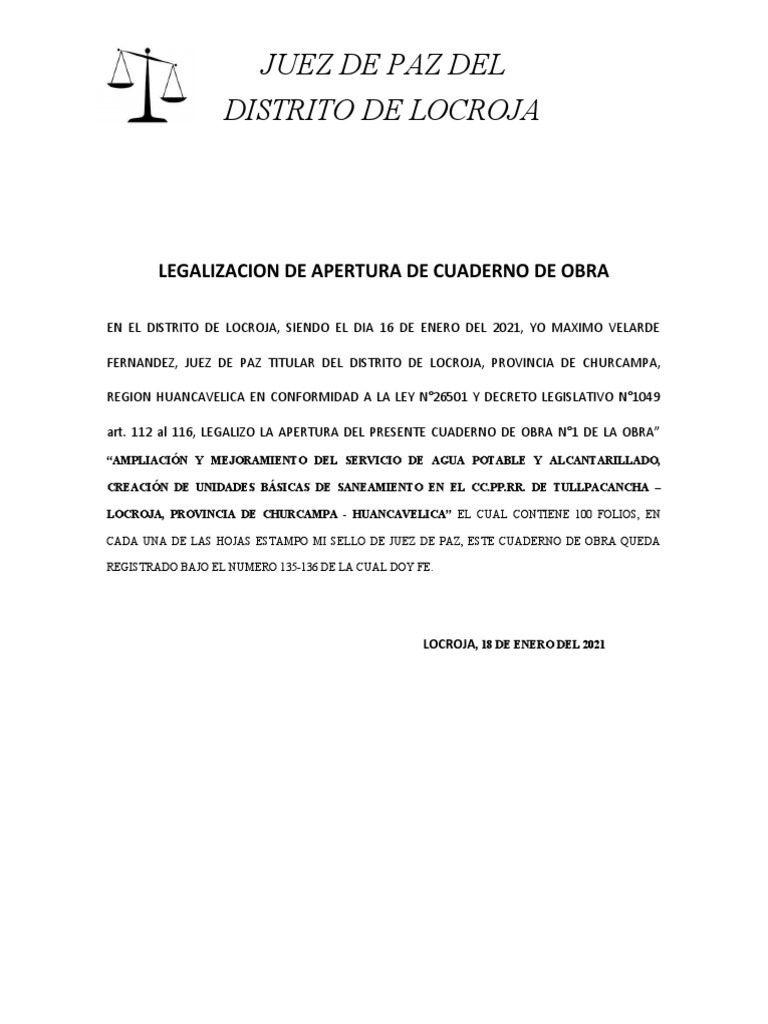 Legalizacion de Apertura de Cuaderno de Obra | PDF Legalizacion de Apertura de Cuaderno de Obra | PDF