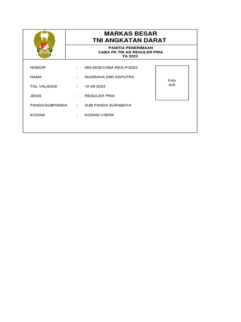 Markas Besar Tni Angkatan Darat: Nomor: 084.0638/CABA REG-P/2023 Nama ...