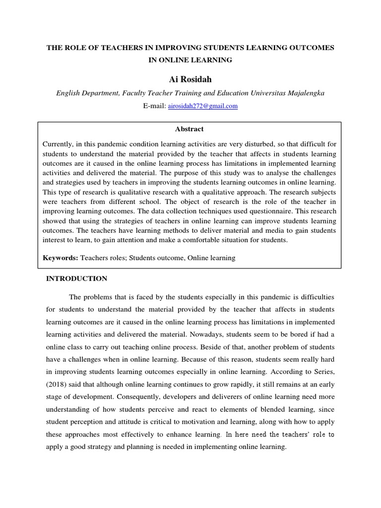 The Role of Teachers in Improving Students Learning Outcomes in Online Learning | PDF ...