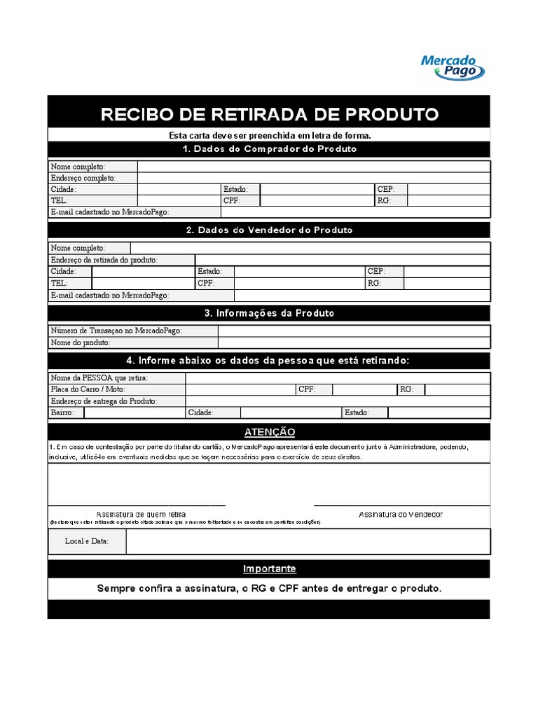 Formulário de Retirada de Produto MercadoPago | PDF