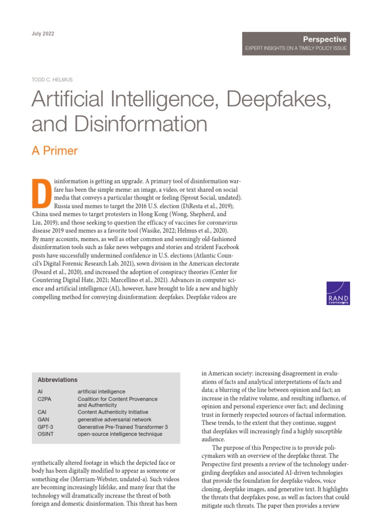Artificial Intelligence, Deepfakes, and Disinformation | PDF | Social ...