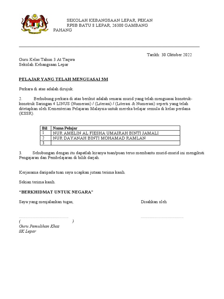 Surat Pelepasan Murid Guru Kelas | PDF