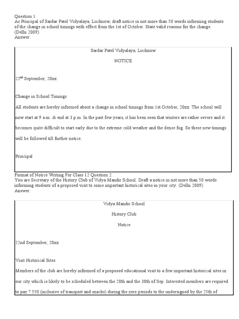 Notice Writing Examples for Students | PDF