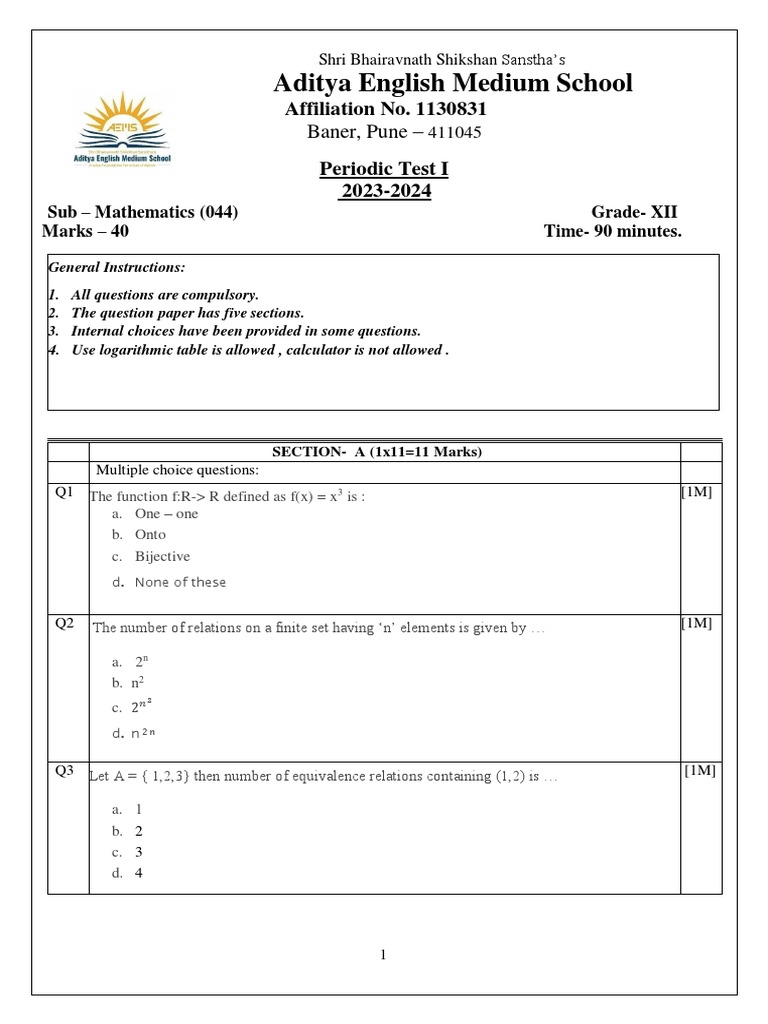 Maths QP PT-1 XIITH CBSE (2023-24) | PDF | Mathematical Objects | Mathematical Logic