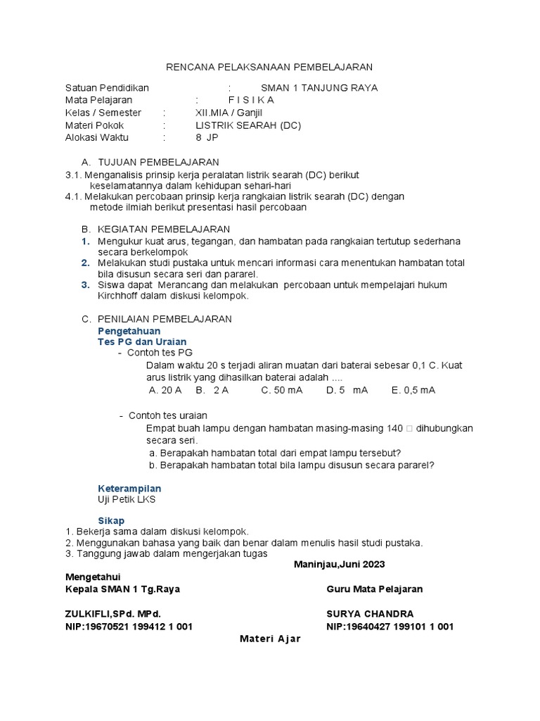 RPP Fisika Klas Xii Arus DC | PDF