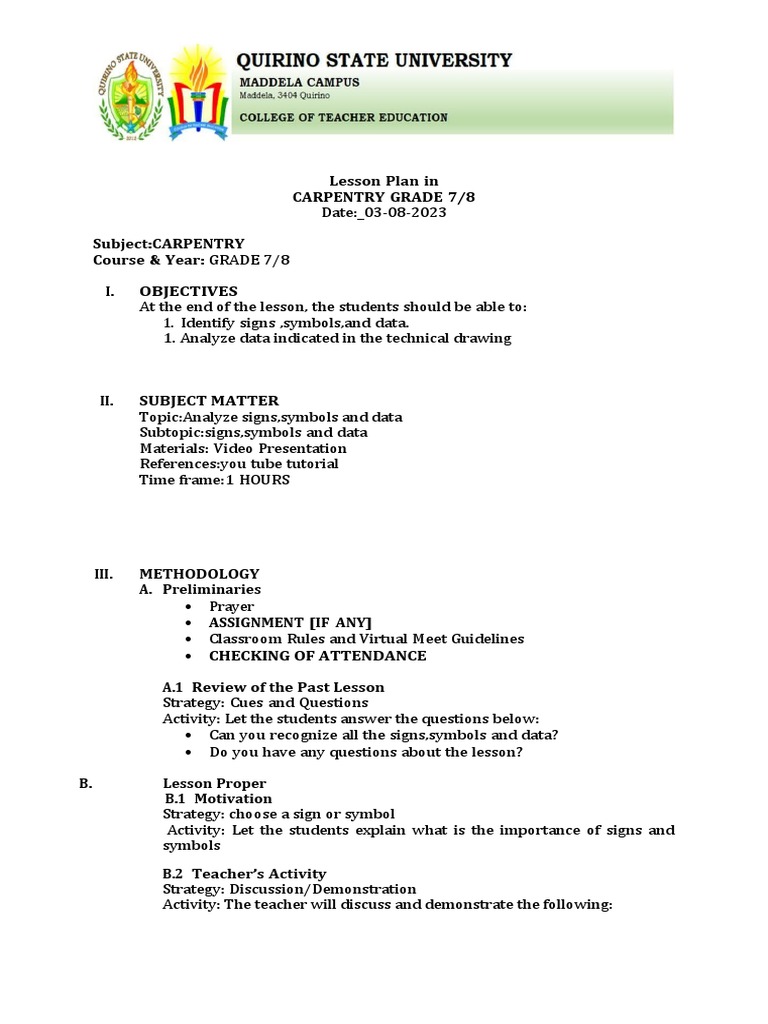 1ST Lesson Plan Carpentry | PDF