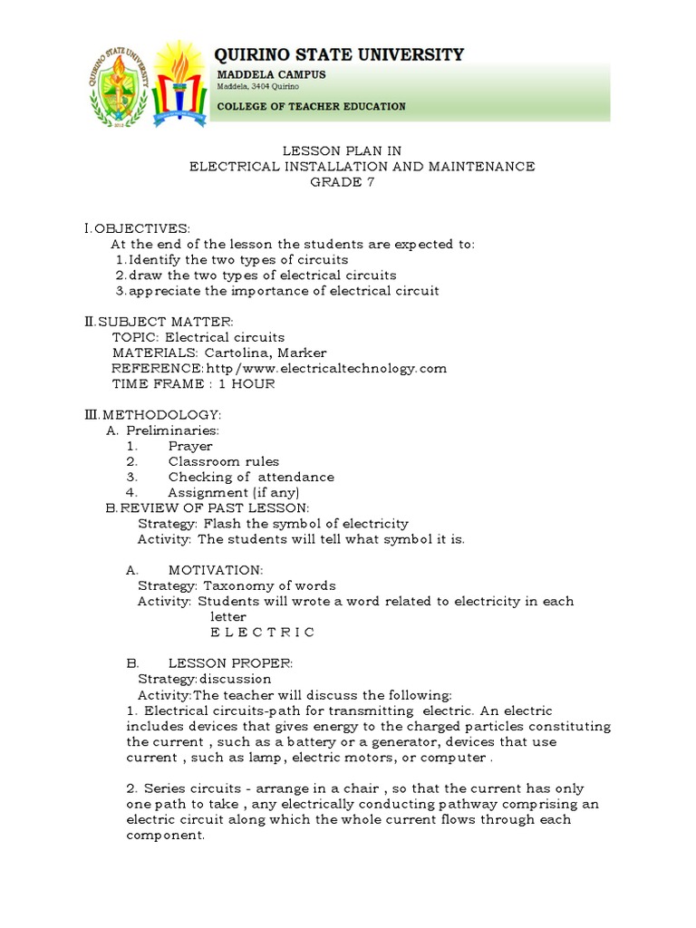 LESSON PLAN Final ELECTRICAL SYMBOLS | PDF