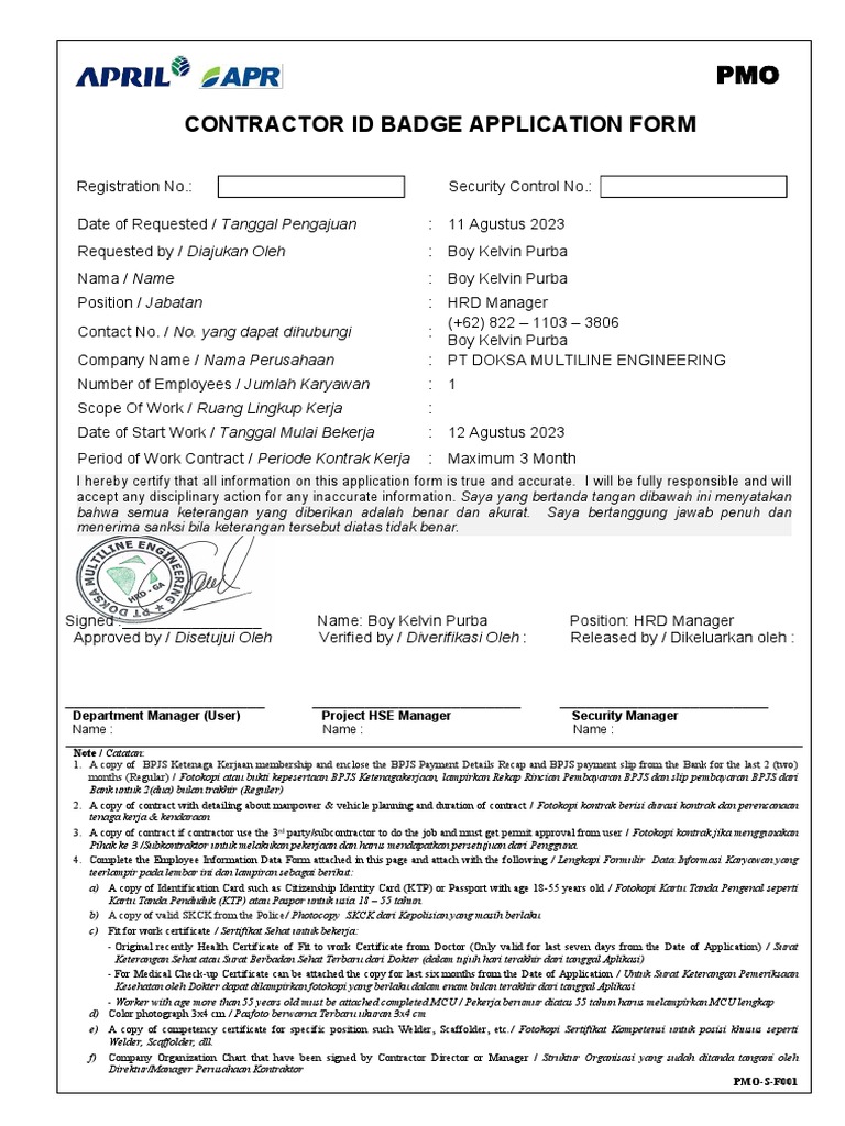 Formulir Aplikasi ID Kontraktor | PDF