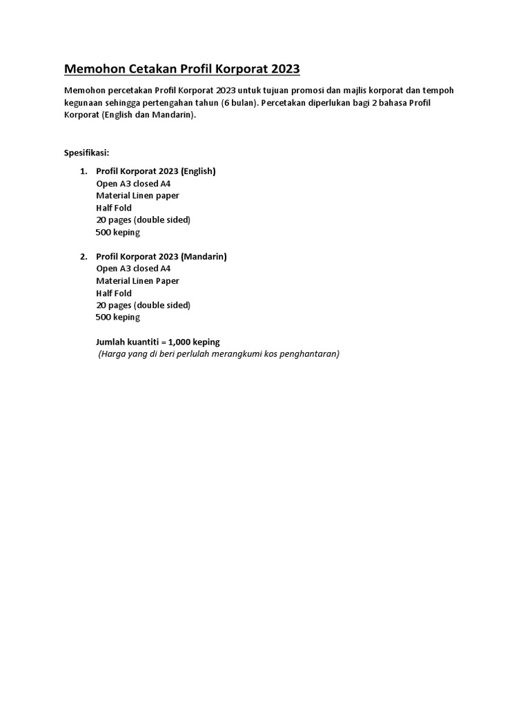Spesifikasi Cetakan Profil Korporat 2023 | PDF