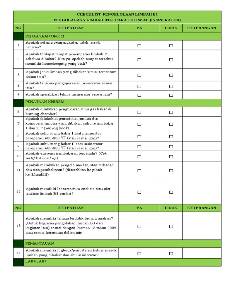 Checklist Pengelolaan Limbah B3 Incenerator Form Kementrian | PDF