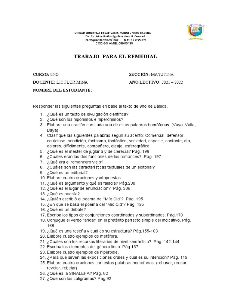 TRABAJO REMEDIAL 9no | PDF