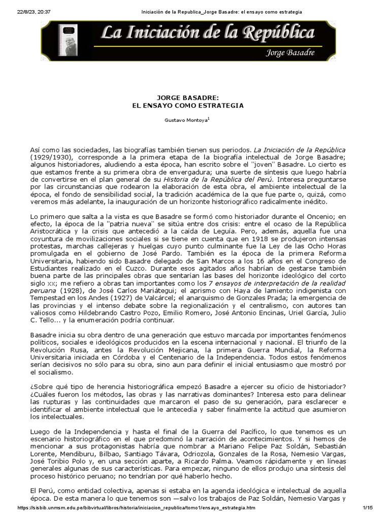 Iniciación de La Republica_Jorge Basadre_ El Ensayo Como Estrategia | PDF | Perú