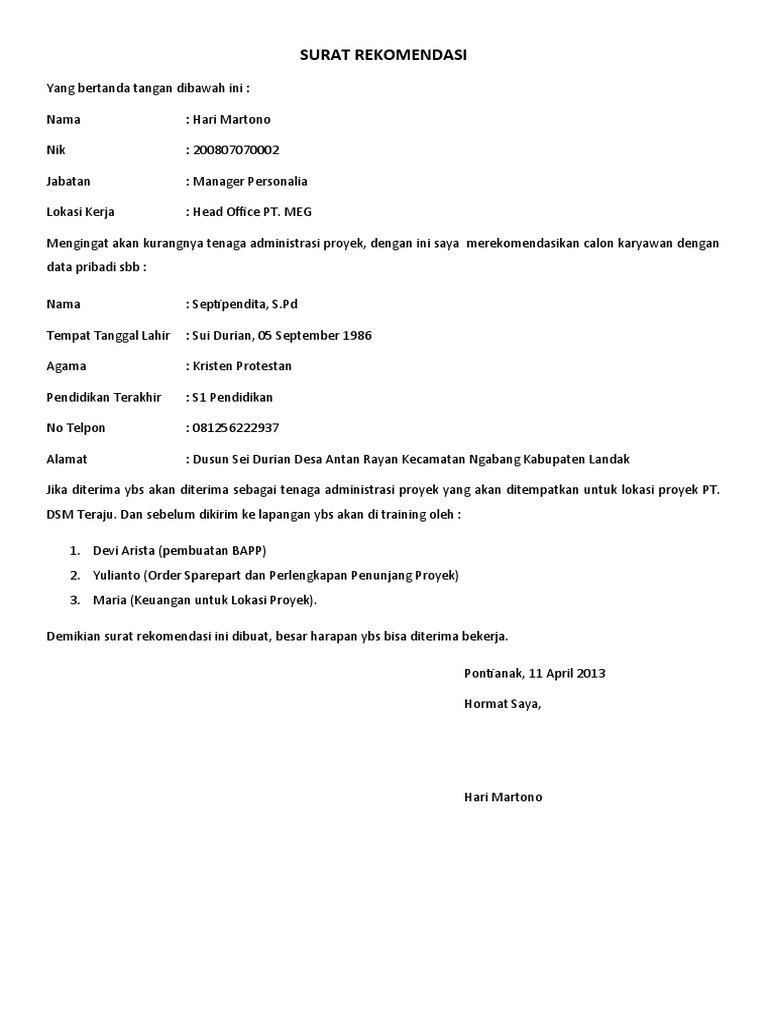 Contoh Surat Rekomendasi | PDF