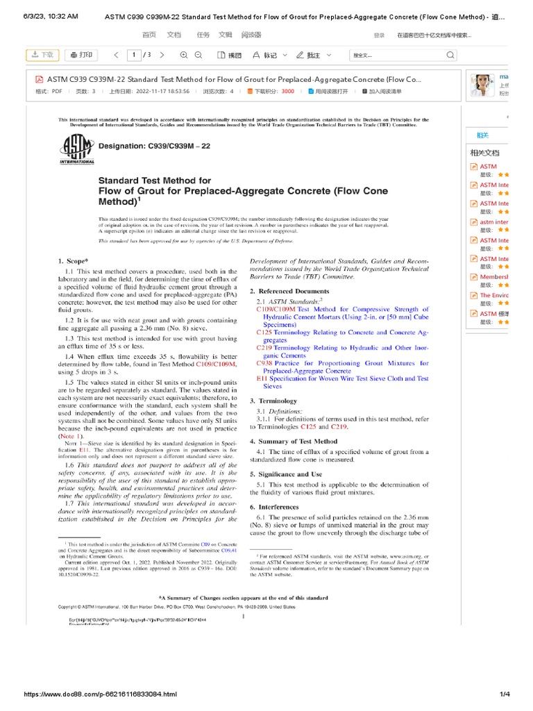 ASTM C939 C939M-22 Standard Test Method for Flow of Grout for Preplaced ...