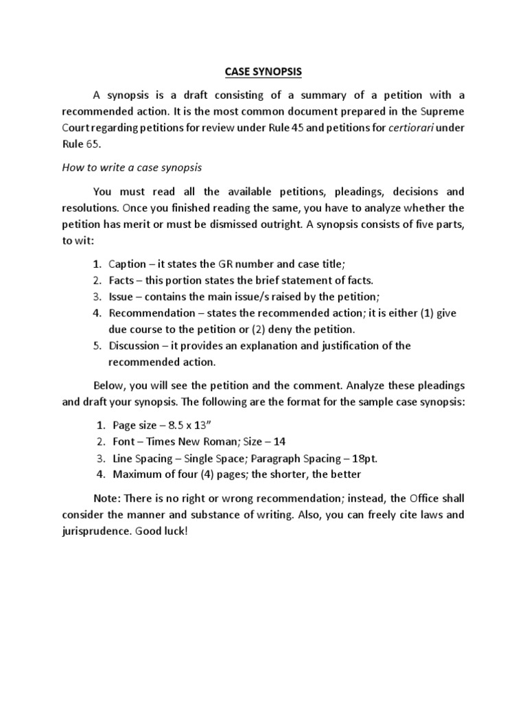 Sample Case Synopsis 2019 | PDF