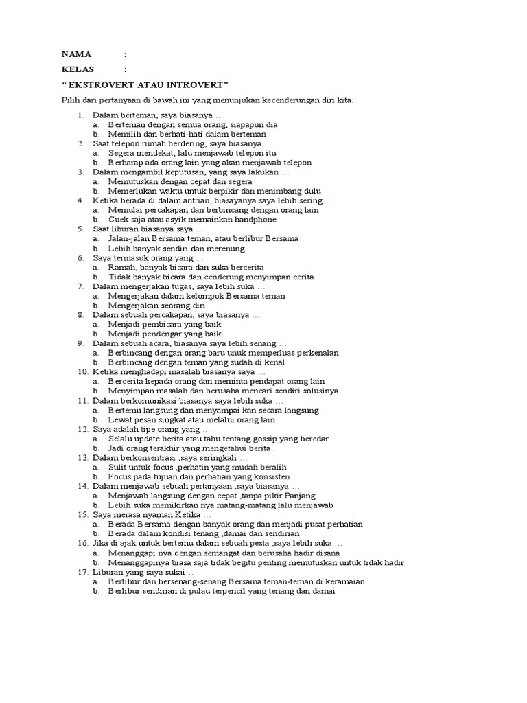 KUIS Orang Introvert Atau Ektrovert | PDF