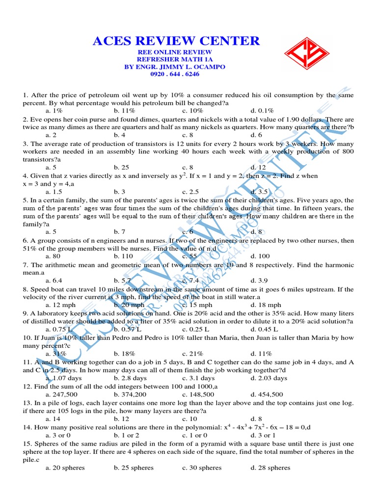REFRESHER MATH 1A ALGEBRA With Answer | PDF | Art | Science & Mathematics