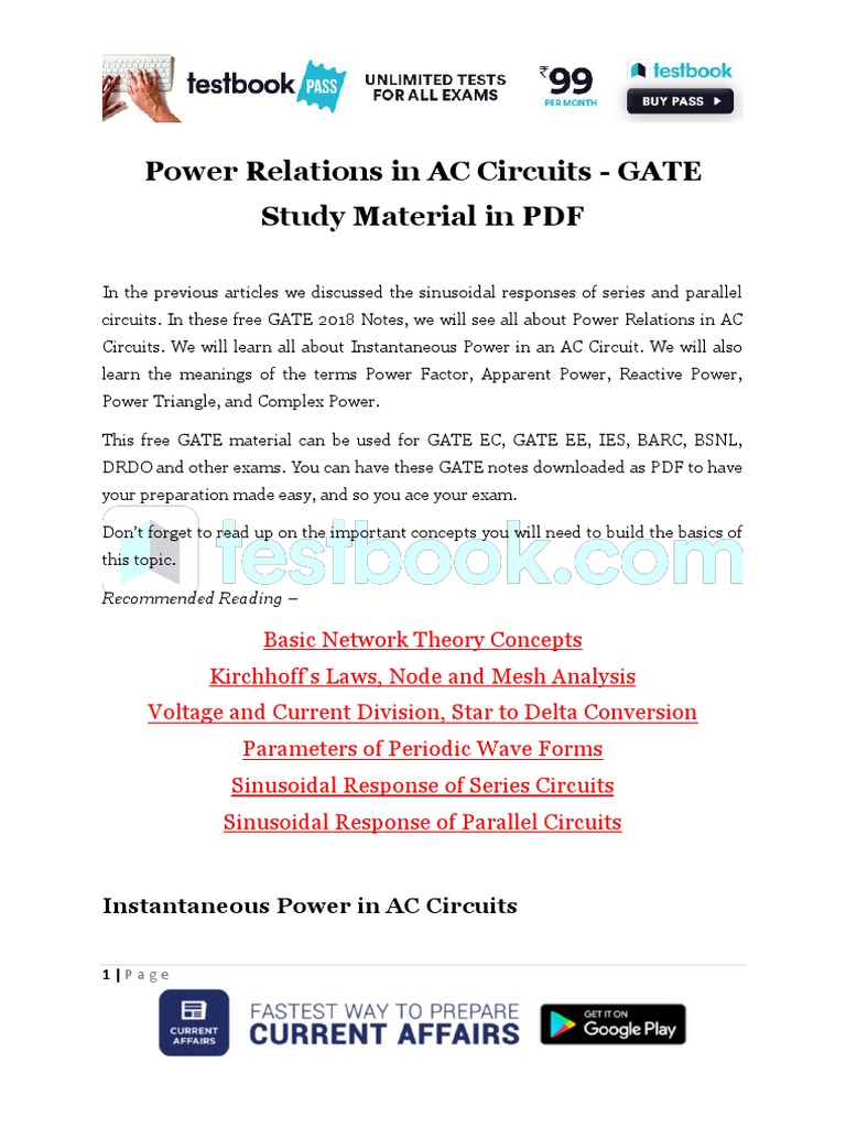 Power Relations in AC Circuits GATE Study Material in PDF 2 | PDF | Ac Power | Electrical Network