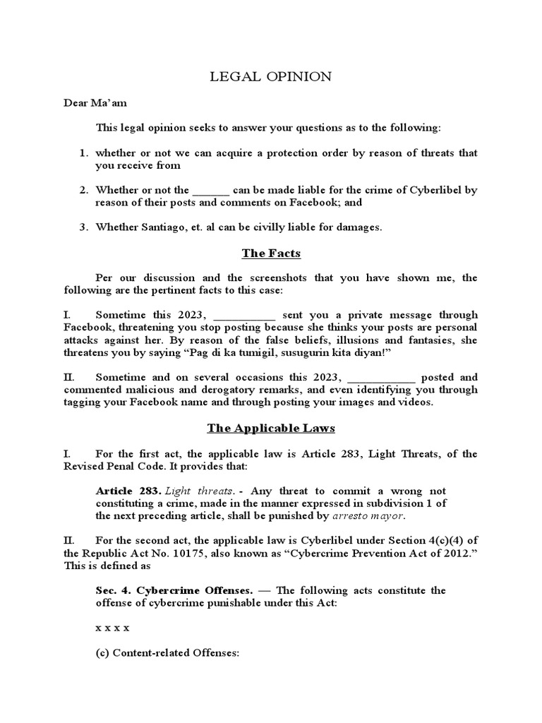 Legal Opinion on Cyberlibel and Threats | PDF | Social Science