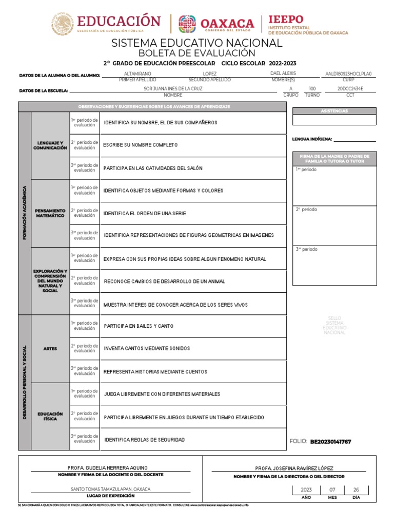 Boletas Segundo de Preescolar | PDF