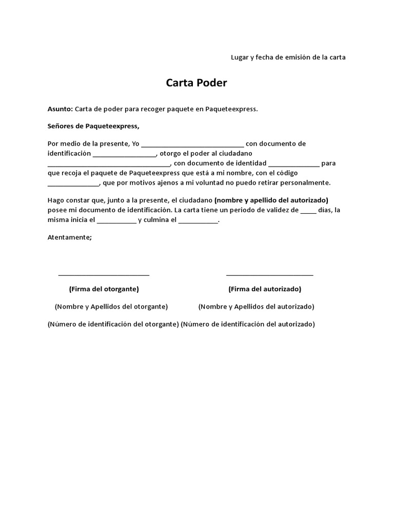 Carta Poder para Recoger Un Paquete en Paqueteexpress | PDF ...