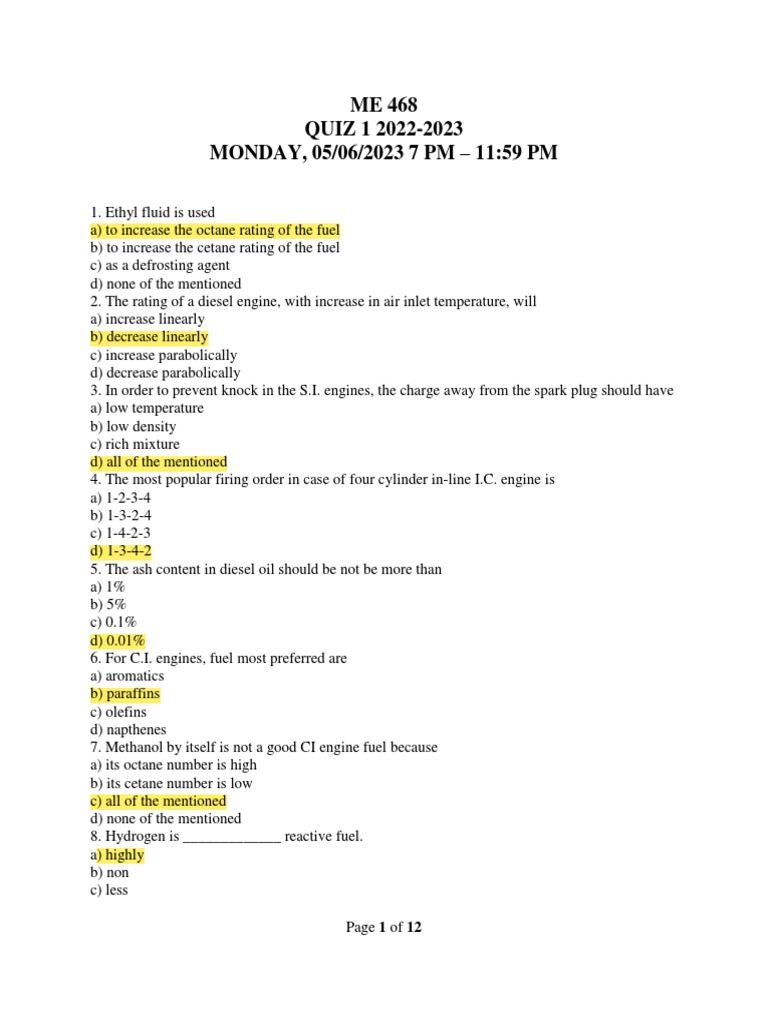 ME 468 ONLINE REGULAR QUIZ 1 2022 - 2023 Answers | Download Free PDF | Internal Combustion ...