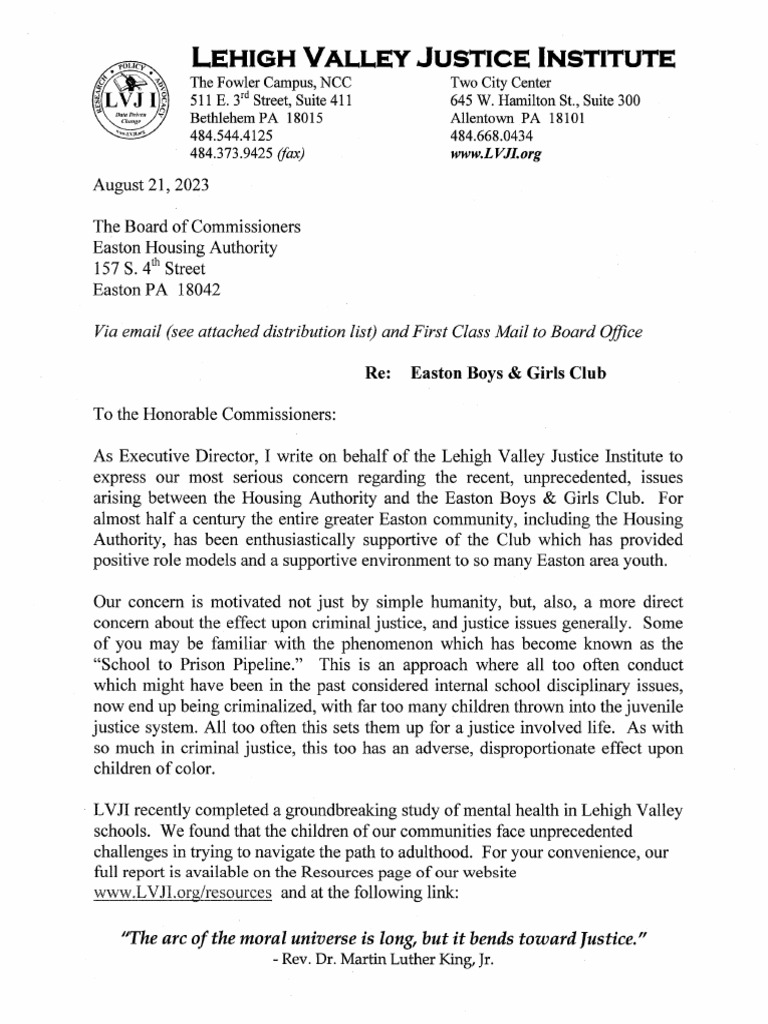 LVJI Letter To Easton Housing Authority | PDF