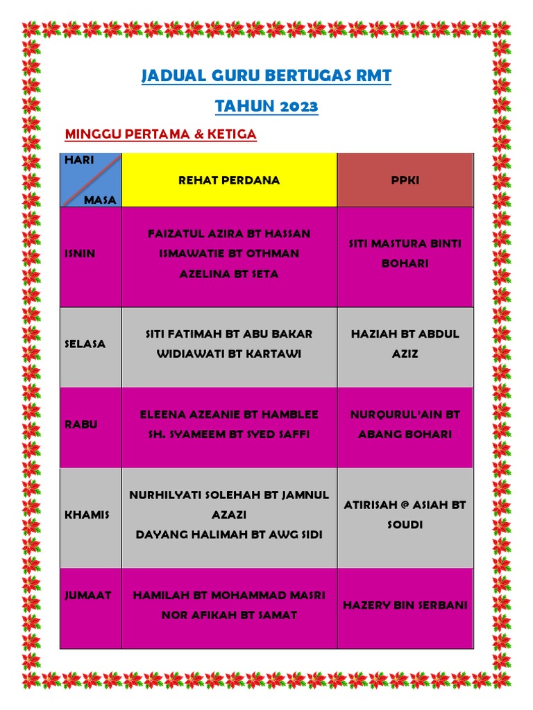 Jadual Guru Bertugas RMT 2023-24 | PDF
