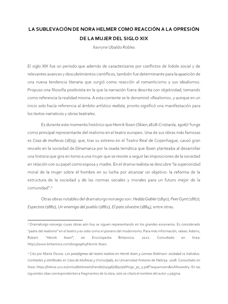 La Sublevación de Nora Helmer Como Reacción A La Opresión de La Mujer Del Siglo XIX | PDF ...