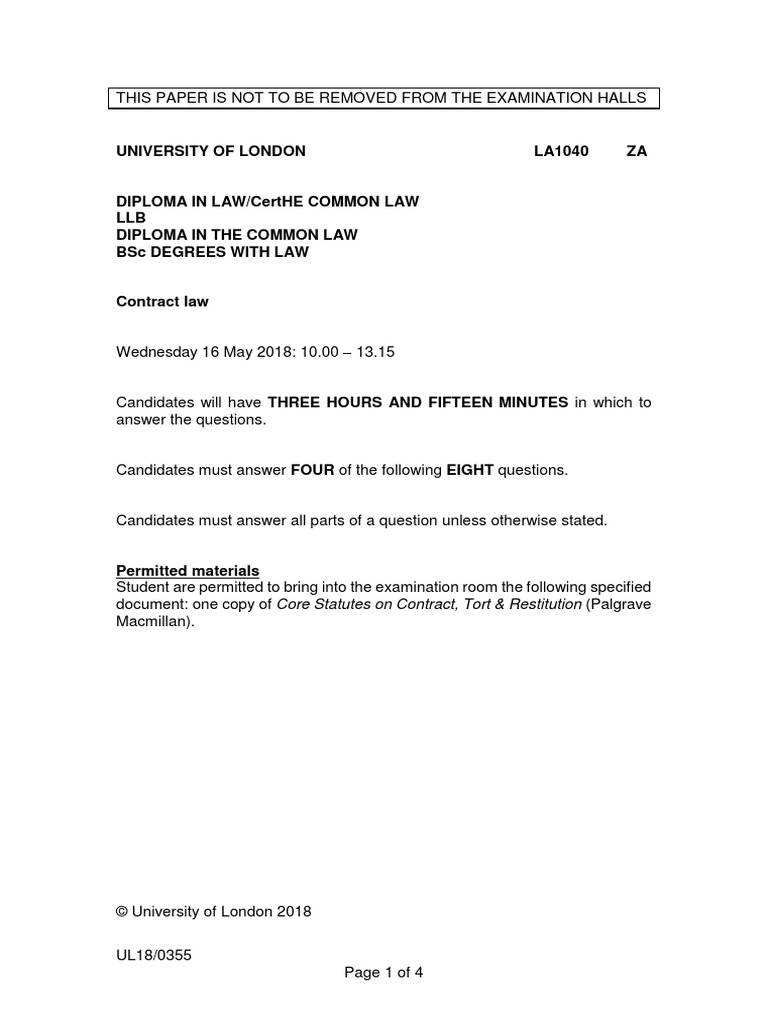 Contract Exam 2018 A | PDF | Common Law | Private Law