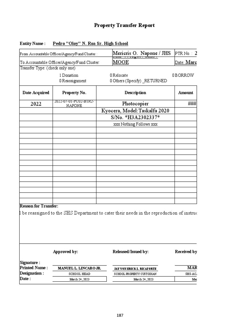 Appendix 76 - Property Transfer Report - PTR | PDF | Service Industries | Logistics