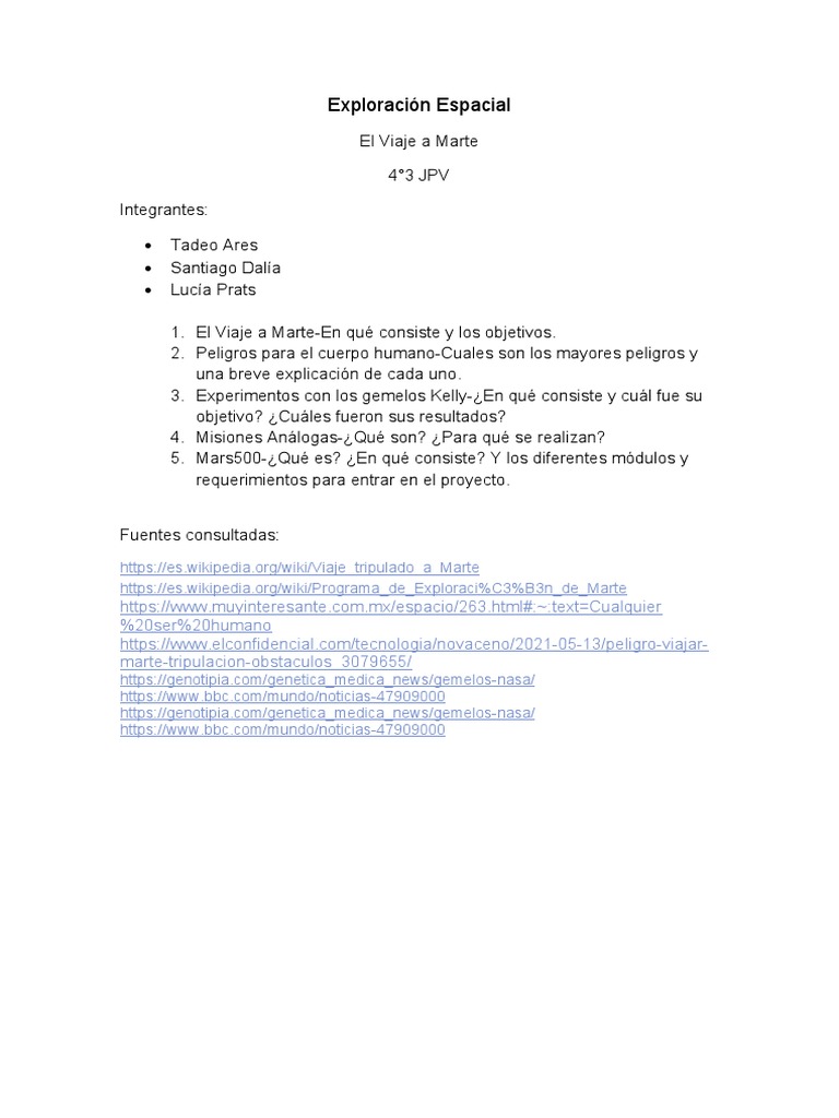 Viaje a Marte: Desafíos y Experimentos | PDF