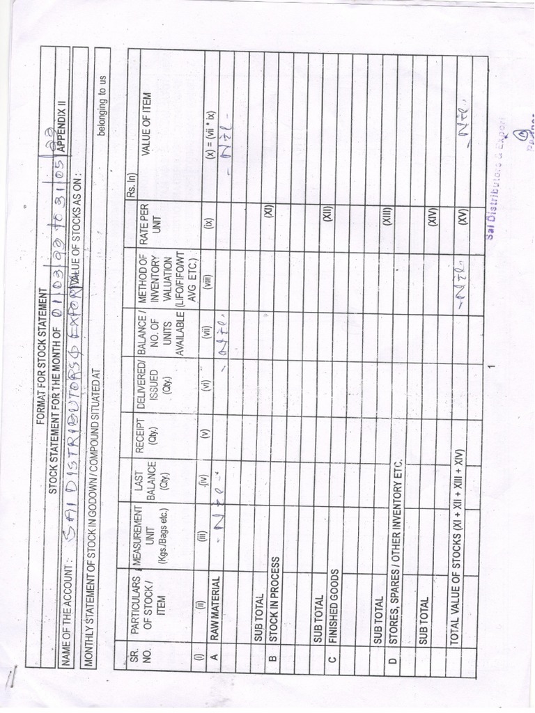 Stock and Book Debts Statement Formate | PDF