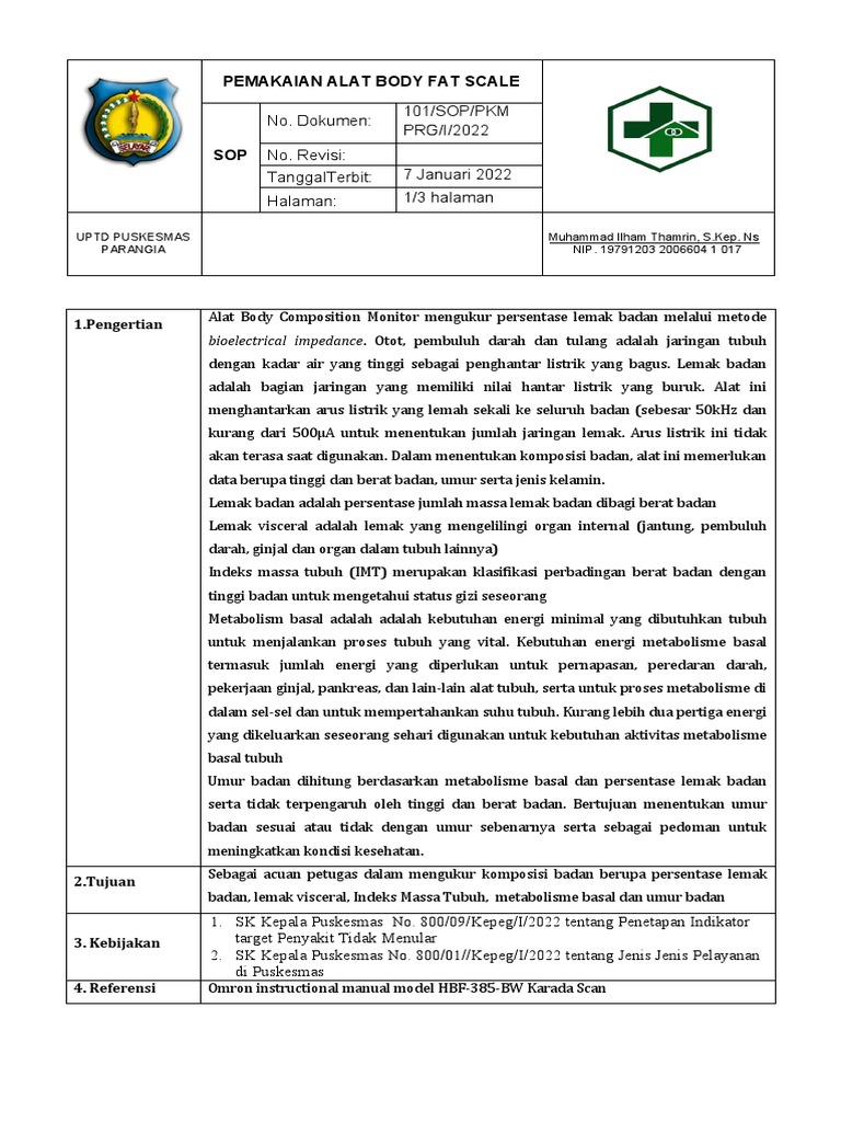 4.5.1.4.3 Sop Pemakaian Alat Body Fat Scale F | PDF