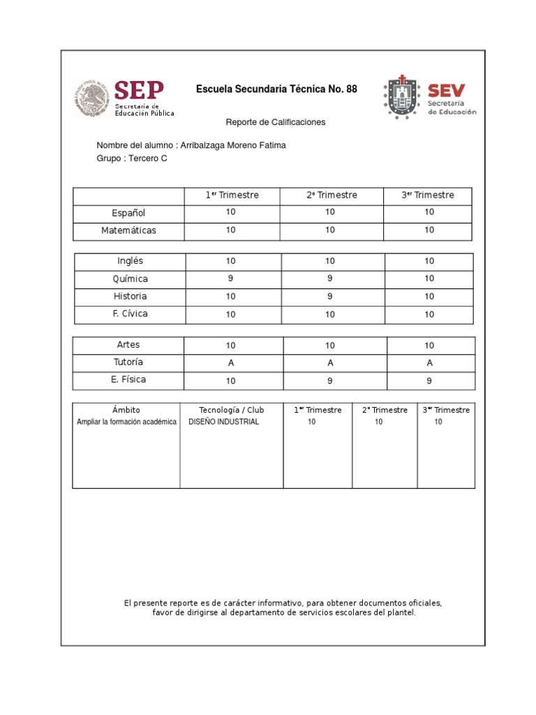 Reporte de Calificaciones 3er Grado | PDF