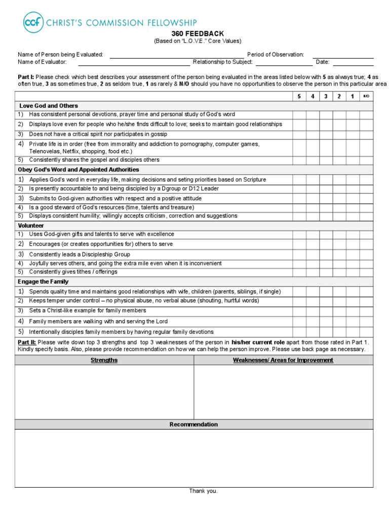 360 Degree Feedback Form LOVE Core Values | PDF | Disciple (Christianity)