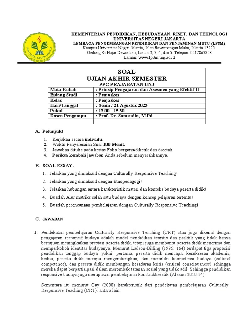 UAS PPG G2S2 Prinsip Pengajaran Dan Asesmen Yang Efektif II Penjaskes | PDF | Sains & Matematika