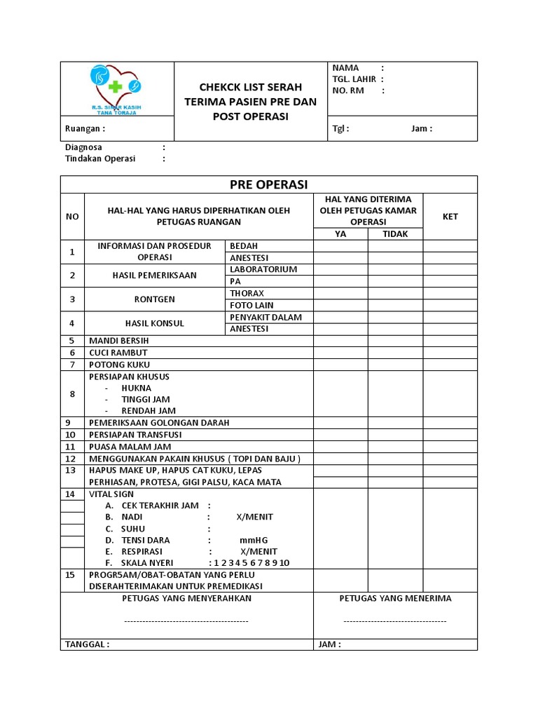 Chekck List Serah Terima Pasien Pre Dan Post Operasi | PDF
