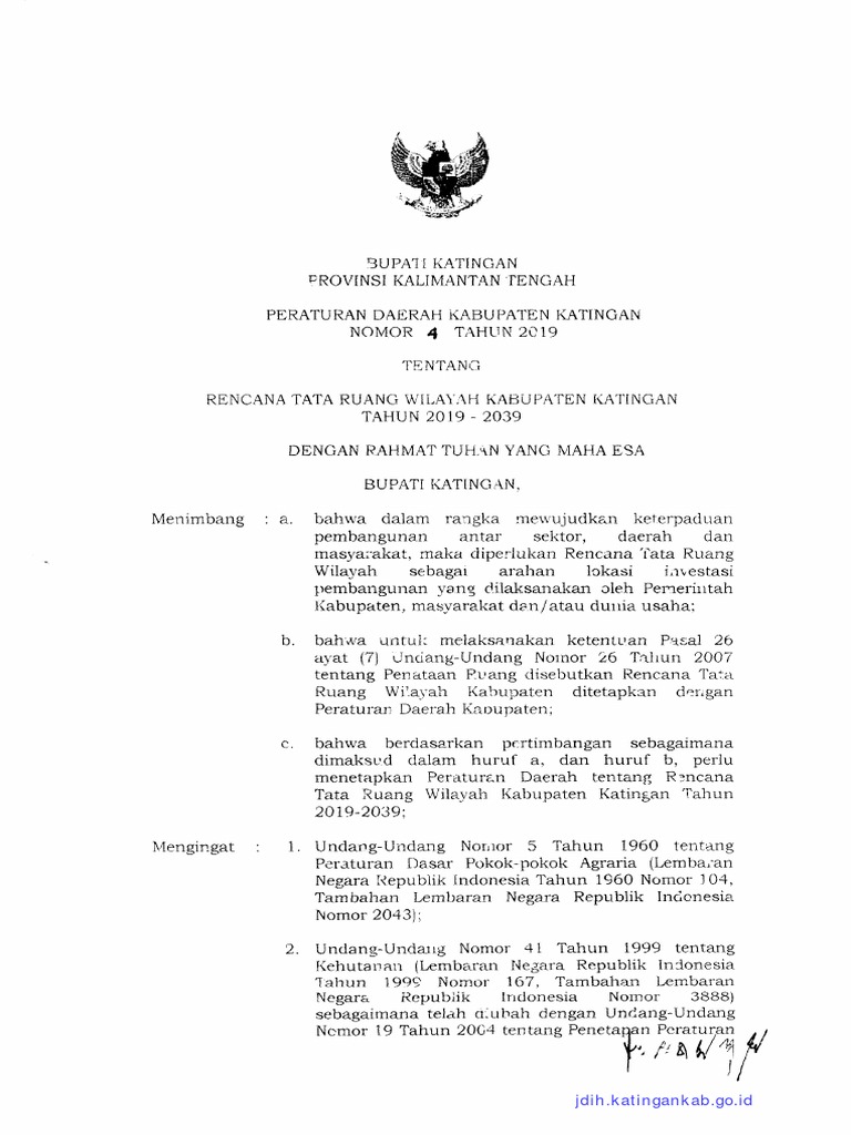 Perda Kab. Katingan No.4 Tahun 2019 TTG Rencana Tata Ruang Wilayah Kabupaten Katingan Tahun 2019 ...