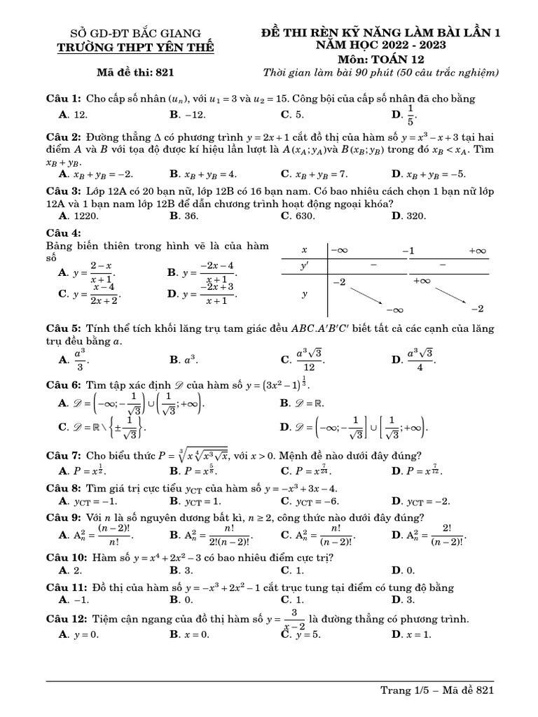 De Ren Ky Nang Lam Bai Toan 12 Lan 1 Nam 2022 2023 THPT Yen The Bac Giang | PDF