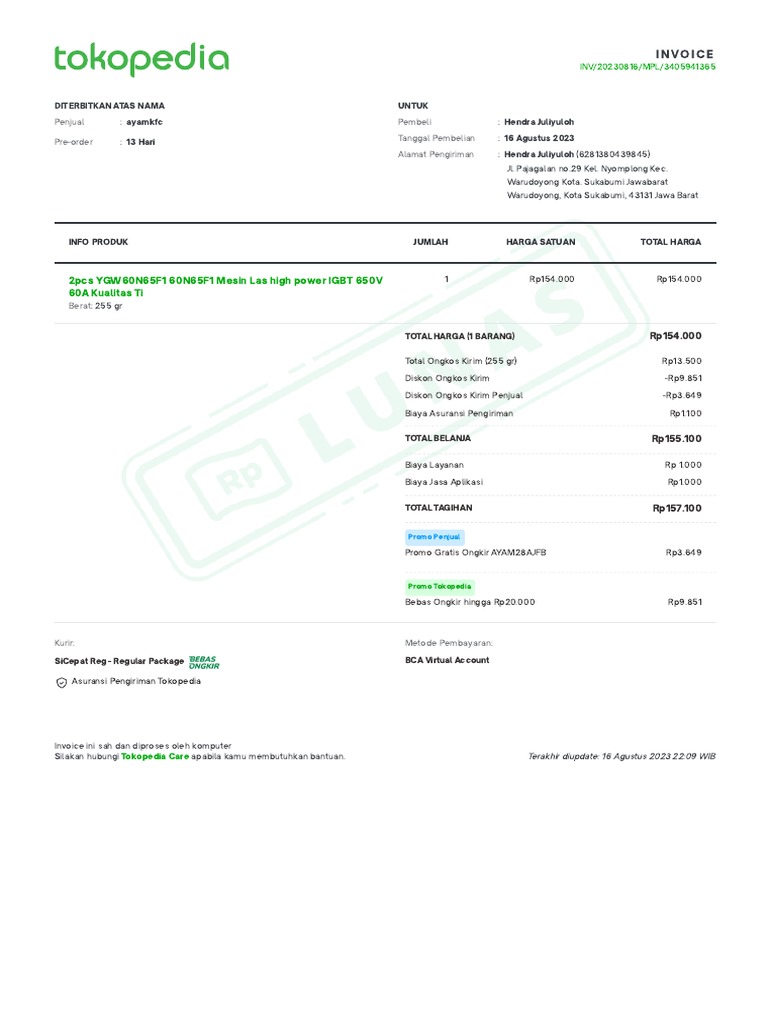 Invoice Tokped IGBT YGW60F65FI | PDF