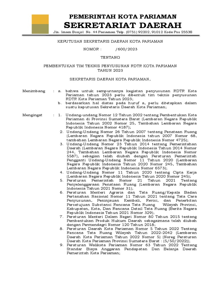 SK Sekda Tim Teknis Penyusunan RDTR 2023 | PDF