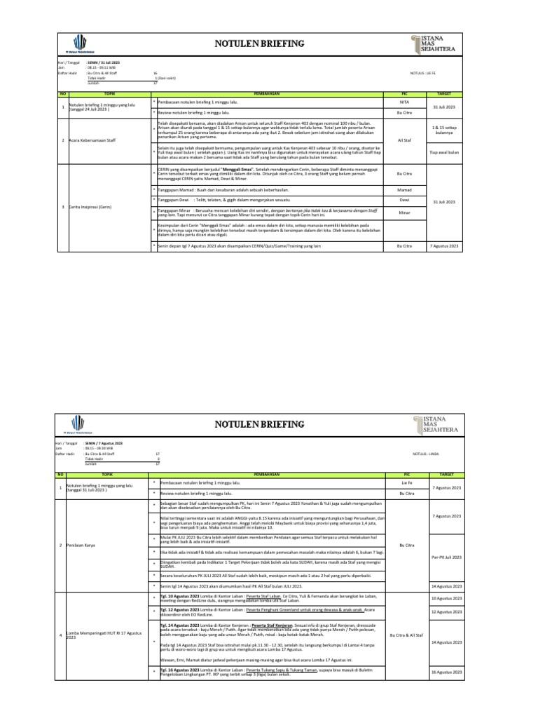 Notulen Briefing 7 Agt 2023-1 | PDF