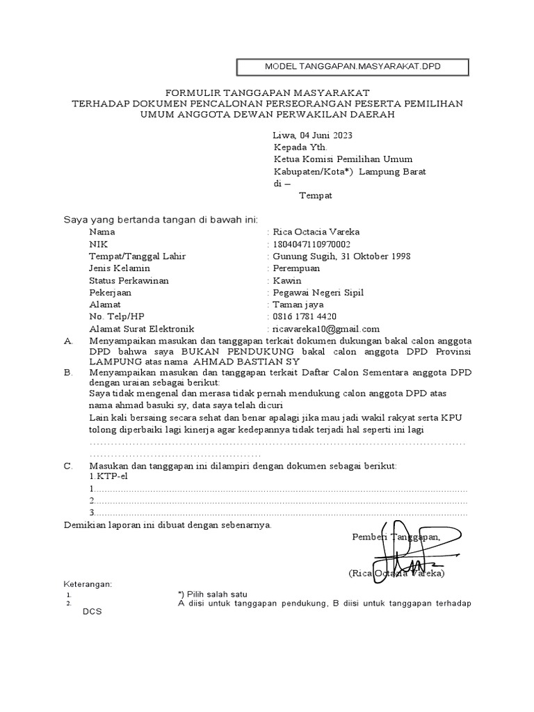 Model Tanggapan Masyarakat-Dpd | PDF