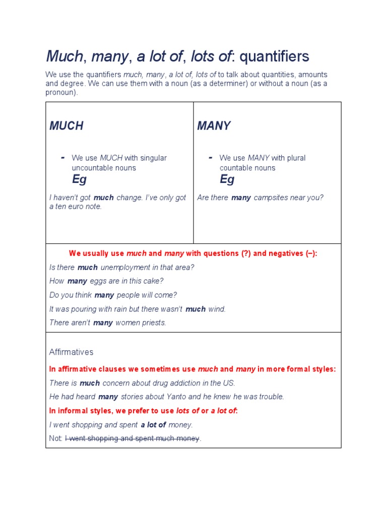 Understanding Quantifiers: Much, Many, A Lot | PDF | Noun | Plural