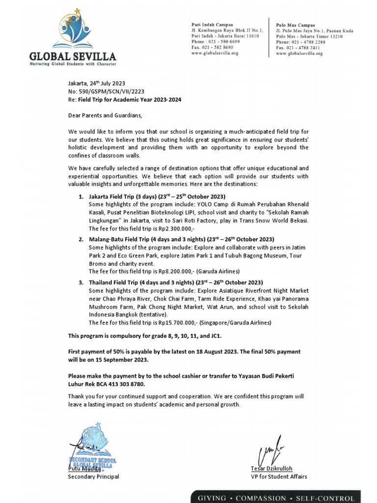 Field Trip Letter 2023-2034 (Grade 8-11) Sem 1 | PDF | Childhood | Schools
