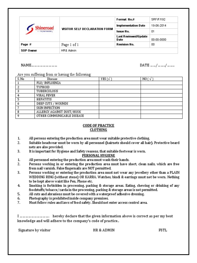 ShineRoad VISITOR SELF DECLARATION FORM1 | PDF