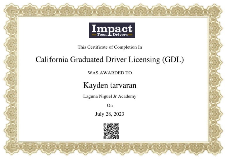 California Graduated Driver Licensing GDL Certificate | PDF