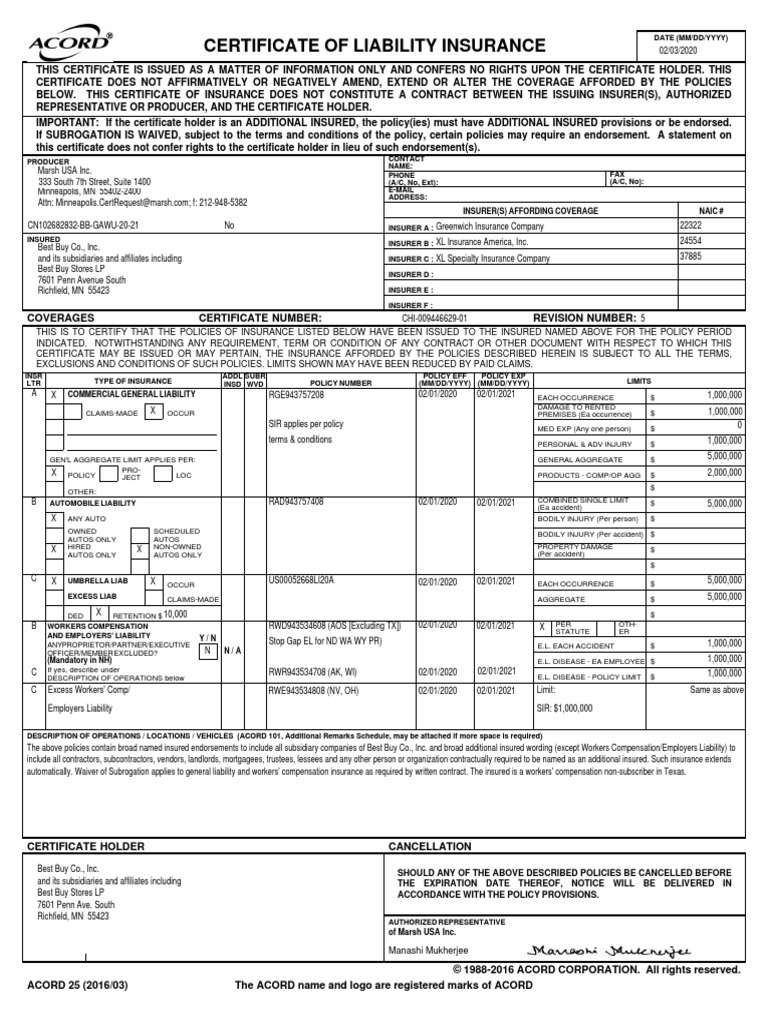 Certificate of Liability Insurance: Insurer (S) Affording Coverage Naic ...